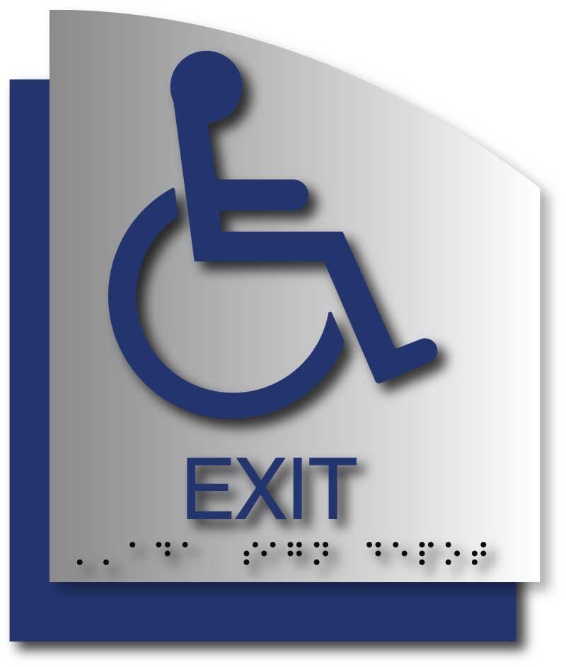 Wheelchair Exit ADA Signs in Brushed Aluminum with Curved Back Plate ...