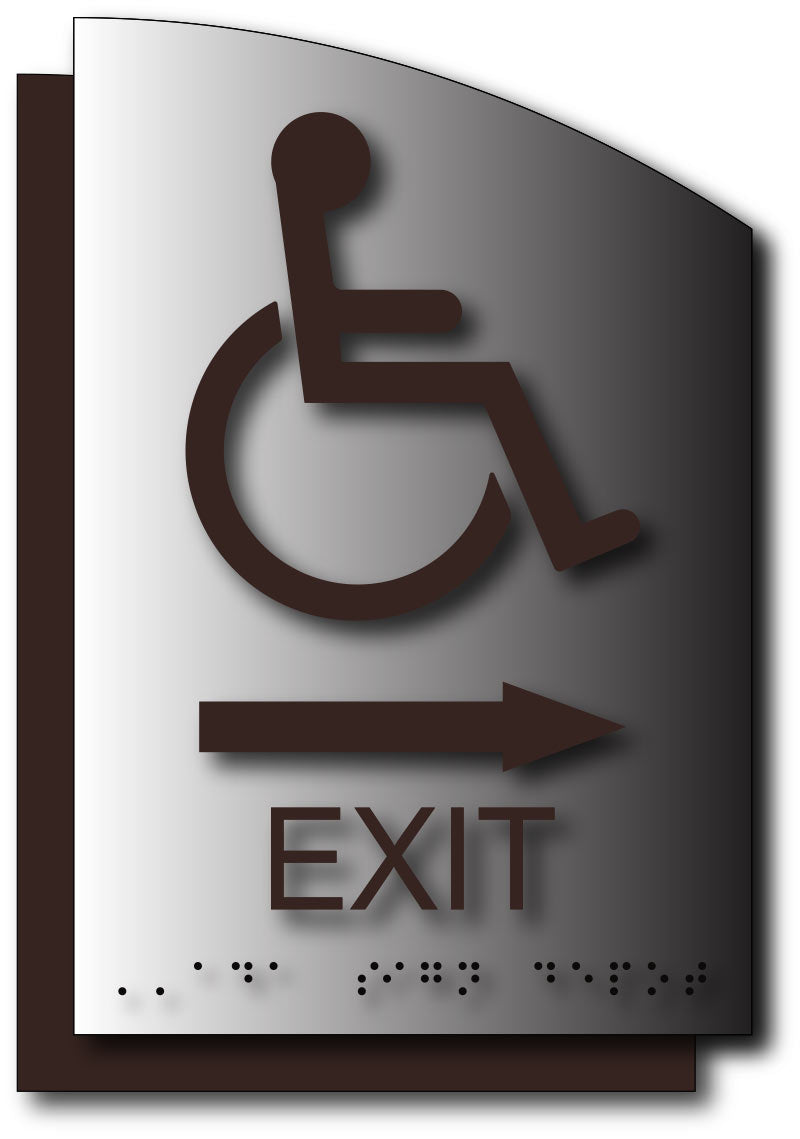 Wheelchair Exit Sign with Direction Arrow on Curved Brushed Aluminum ...